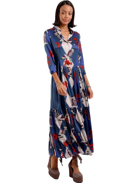 JRF JRF "Eagle Fields" Printed Silk Maxi Shirt Dress